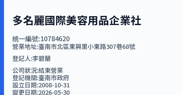 多名麗國際美容用品企業社的照片-統編 10784620(臺南市) 公司登記資料與營業項目詳細圖表