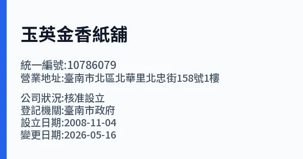 玉英金香紙舖的照片-統編 10786079(臺南市) 公司登記資料與營業項目詳細圖表