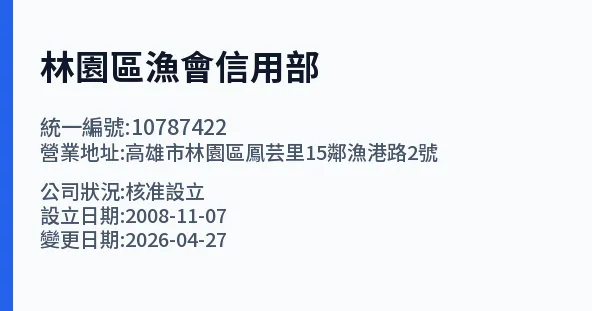 林園區漁會信用部的照片-統編 10787422(高雄市) 公司登記資料與營業項目詳細圖表