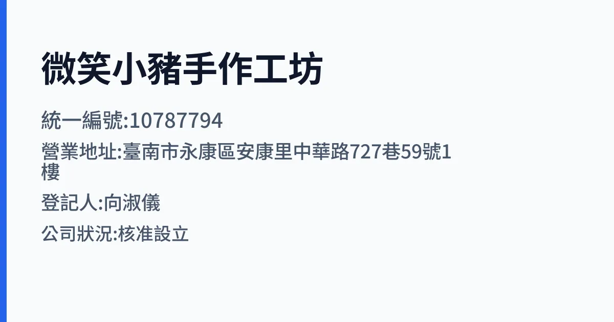 微笑小豬手作工坊 - 統編 10787794(臺南市) 公司登記資料與營業項目詳細圖表