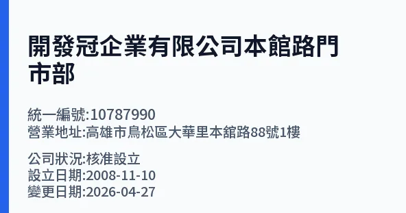 開發冠企業有限公司本館路門市部的照片-統編 10787990(高雄市) 公司登記資料與營業項目詳細圖表