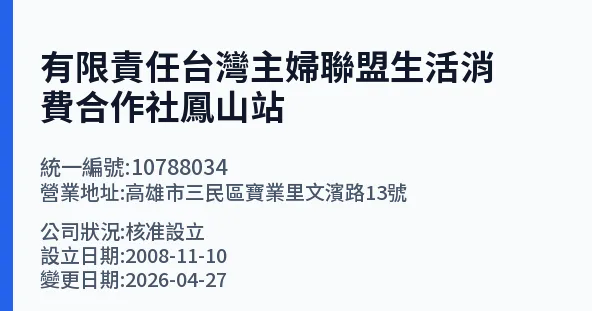 有限責任台灣主婦聯盟生活消費合作社鳳山站的照片-統編 10788034(高雄市) 公司登記資料與營業項目詳細圖表