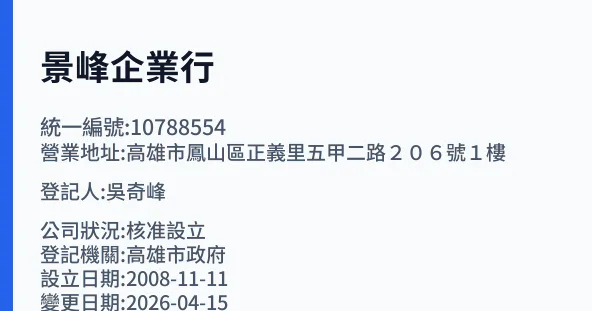 景峰企業行的照片-統編 10788554(高雄市) 公司登記資料與營業項目詳細圖表