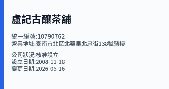 盧記古釀茶舖的照片-統編 10790762(臺南市) 公司登記資料與營業項目詳細圖表