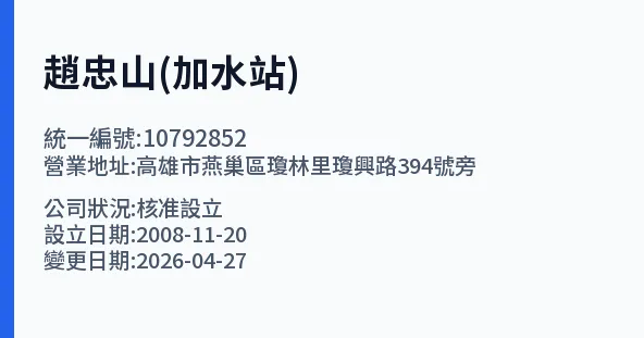 趙忠山(加水站)的照片-統編 10792852(高雄市) 公司登記資料與營業項目詳細圖表