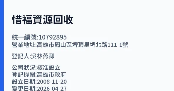 惜福資源回收的照片-統編 10792895(高雄市) 公司登記資料與營業項目詳細圖表