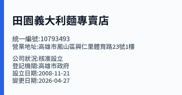 田園義大利麵專賣店的照片-統編 10793493(高雄市) 公司登記資料與營業項目詳細圖表