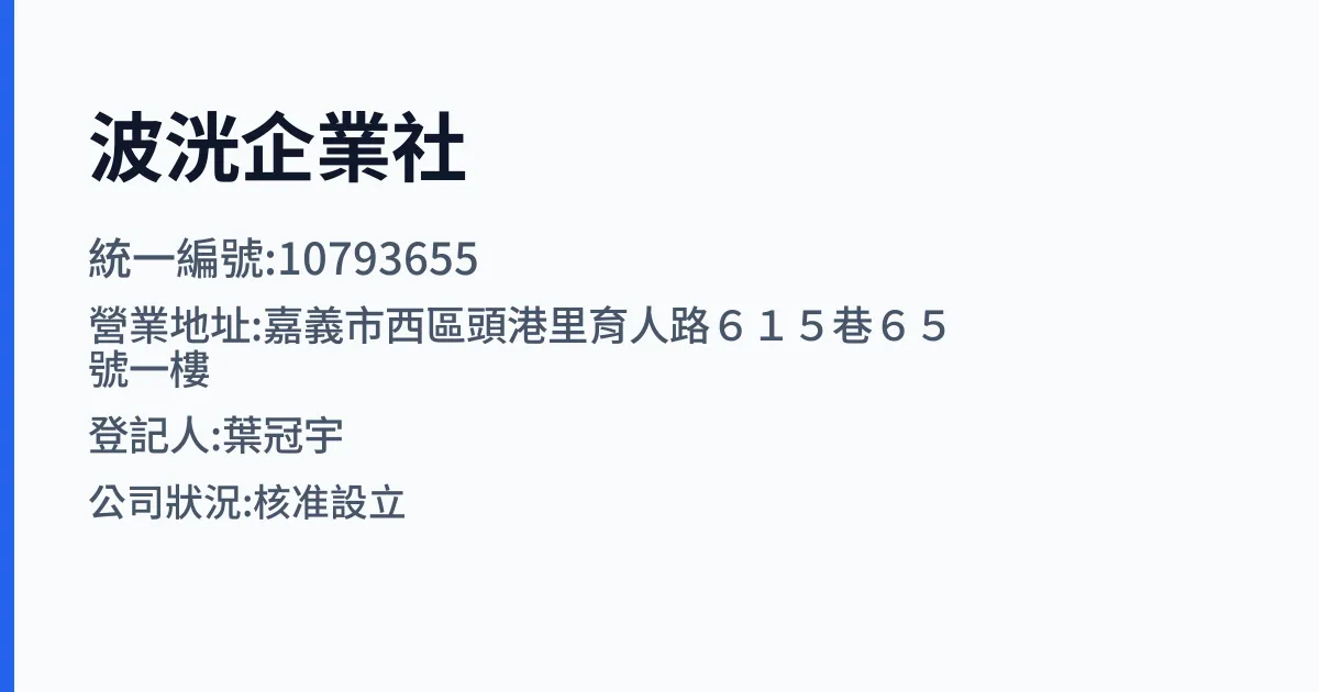 波洸企業社 - 統編 10793655(嘉義市) 公司登記資料與營業項目詳細圖表