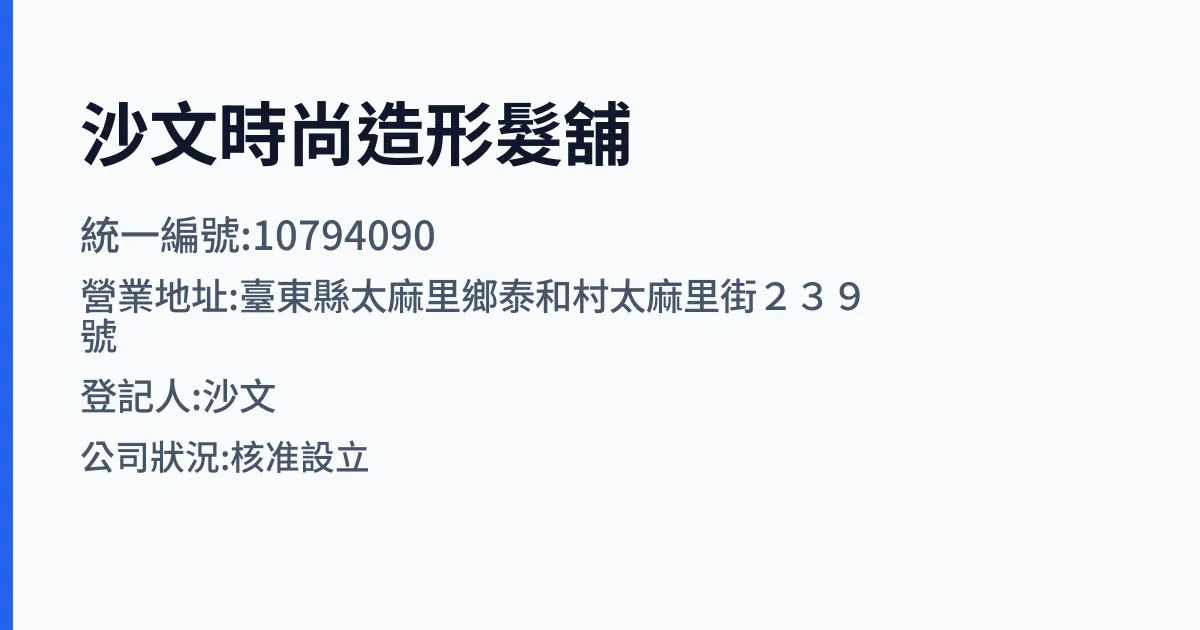 沙文時尚造形髮舖 - 統編 10794090(臺東縣) 公司登記資料與營業項目詳細圖表