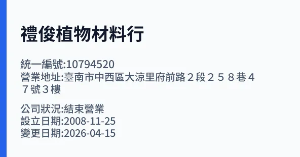 禮俊植物材料行的照片-統編 10794520(臺南市) 公司登記資料與營業項目詳細圖表