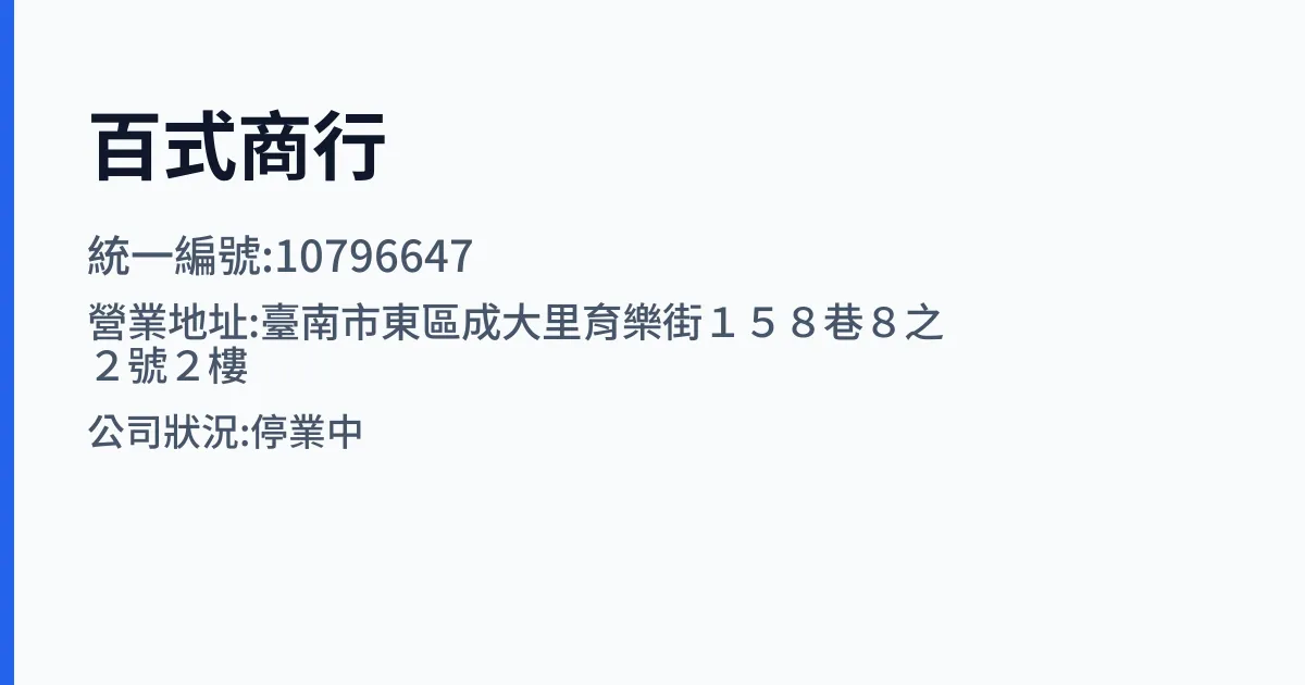 百式商行 - 統編 10796647(臺南市) 公司登記資料與營業項目詳細圖表