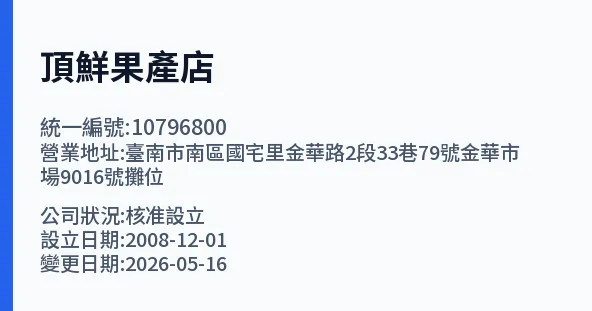 頂鮮果產店的照片-統編 10796800(臺南市) 公司登記資料與營業項目詳細圖表