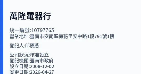 萬隆電器行的照片-統編 10797765(臺南市) 公司登記資料與營業項目詳細圖表