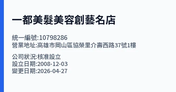 一都美髮美容創藝名店的照片-統編 10798286(高雄市) 公司登記資料與營業項目詳細圖表
