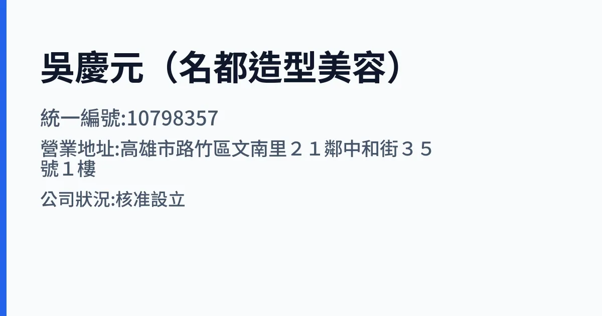 吳慶元(名都造型美容) - 統編 10798357(高雄市) 公司登記資料與營業項目詳細圖表