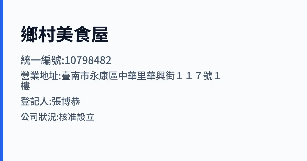 鄉村美食屋 - 統編 10798482(臺南市) 公司登記資料與營業項目詳細圖表
