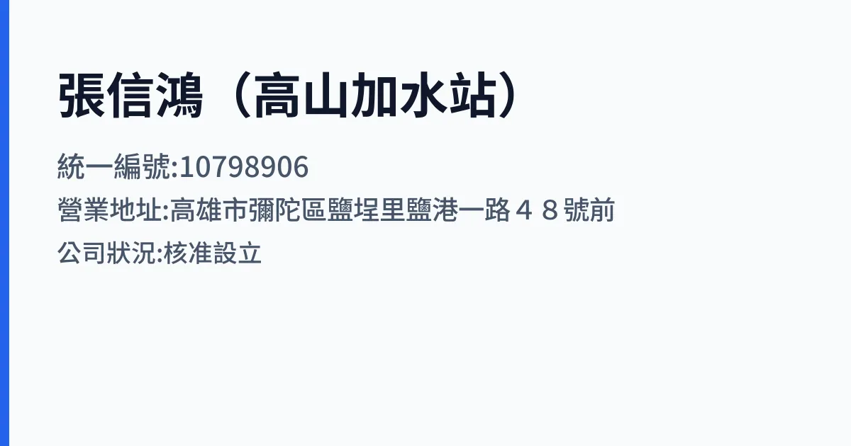 張信鴻（高山加水站） - 統編 10798906(高雄市) 公司登記資料與營業項目詳細圖表