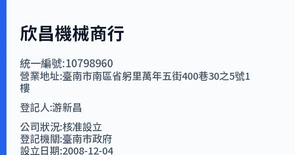 欣昌機械商行的照片-統編 10798960(臺南市) 公司登記資料與營業項目詳細圖表