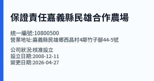 保證責任嘉義縣民雄合作農場的照片-統編 10800500(嘉義縣) 公司登記資料與營業項目詳細圖表