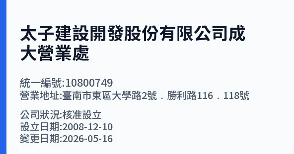 太子建設開發股份有限公司成大營業處的照片-統編 10800749(臺南市) 公司登記資料與營業項目詳細圖表