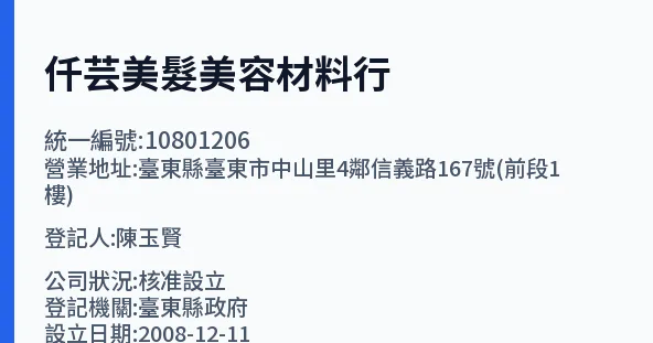 仟芸美髮美容材料行的照片-統編 10801206(臺東縣) 公司登記資料與營業項目詳細圖表