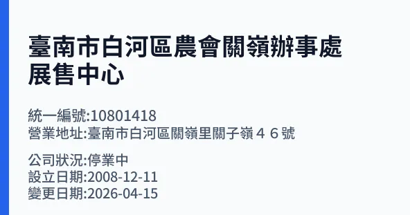 臺南市白河區農會關嶺辦事處展售中心的照片-統編 10801418(臺南市) 公司登記資料與營業項目詳細圖表