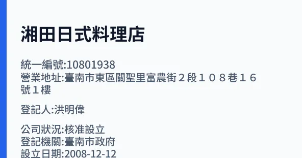 湘田日式料理店的照片-統編 10801938(臺南市) 公司登記資料與營業項目詳細圖表