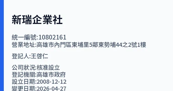 新瑞企業社的照片-統編 10802161(高雄市) 公司登記資料與營業項目詳細圖表