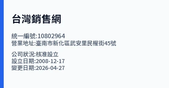 台灣銷售網的照片-統編 10802964(臺南市) 公司登記資料與營業項目詳細圖表
