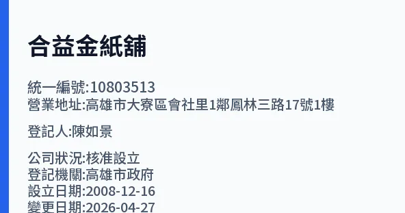 合益金紙舖的照片-統編 10803513(高雄市) 公司登記資料與營業項目詳細圖表