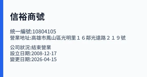 信裕商號的照片-統編 10804105(高雄市) 公司登記資料與營業項目詳細圖表