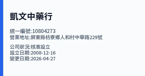 凱文中藥行的照片-統編 10804273(屏東縣) 公司登記資料與營業項目詳細圖表