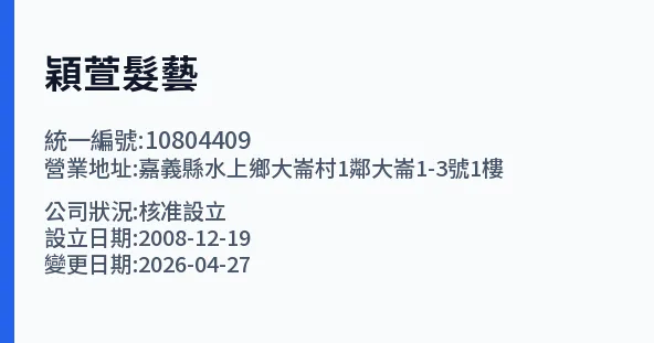 穎萱髮藝的照片-統編 10804409(嘉義縣) 公司登記資料與營業項目詳細圖表