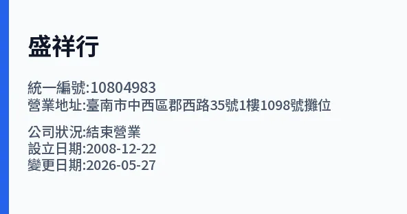 盛祥行的照片-統編 10804983(臺南市) 公司登記資料與營業項目詳細圖表