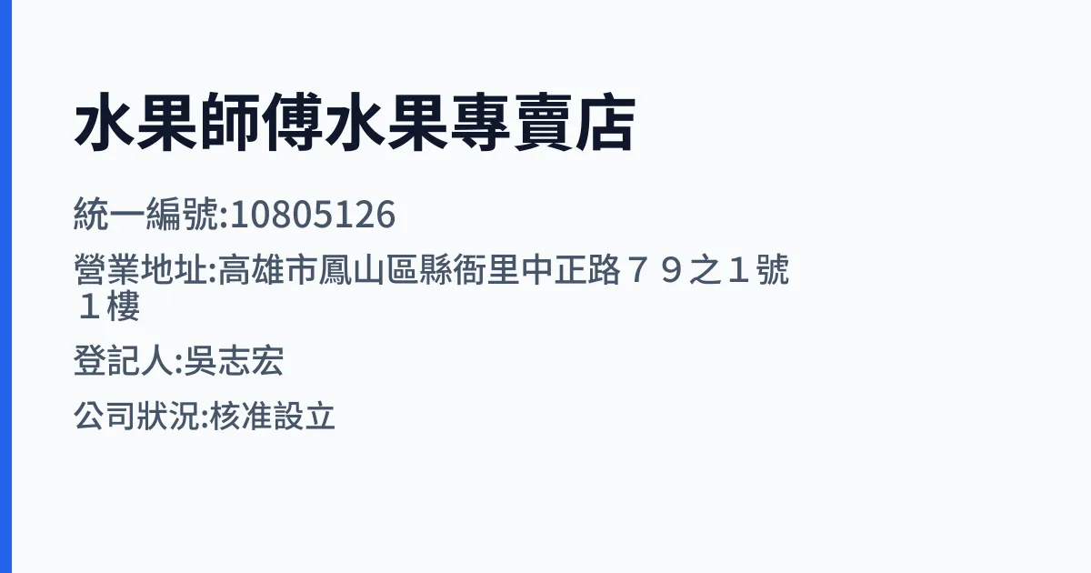 水果師傅水果專賣店 - 統編 10805126(高雄市) 公司登記資料與營業項目詳細圖表