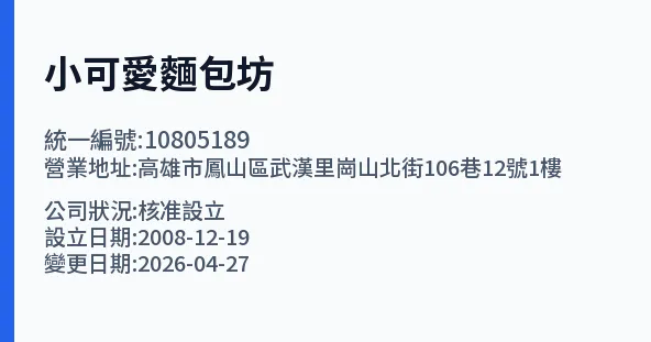小可愛麵包坊的照片-統編 10805189(高雄市) 公司登記資料與營業項目詳細圖表