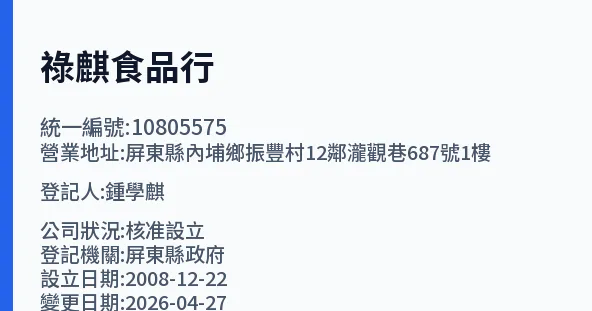 祿麒食品行的照片-統編 10805575(屏東縣) 公司登記資料與營業項目詳細圖表