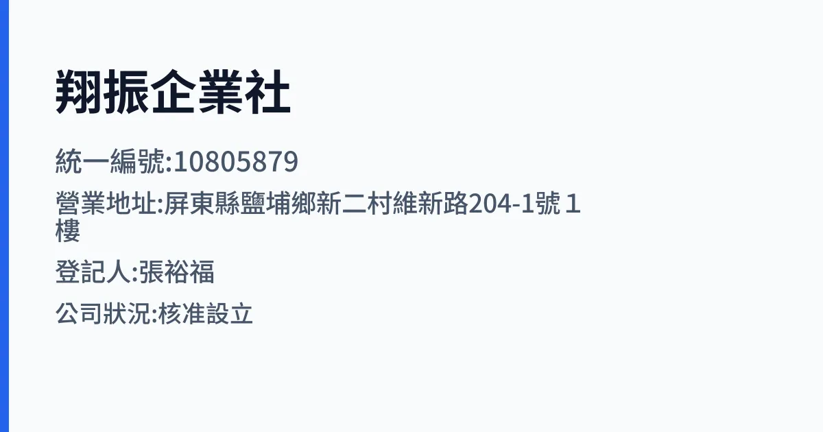 翔振企業社 - 統編 10805879(屏東縣) 公司登記資料與營業項目詳細圖表