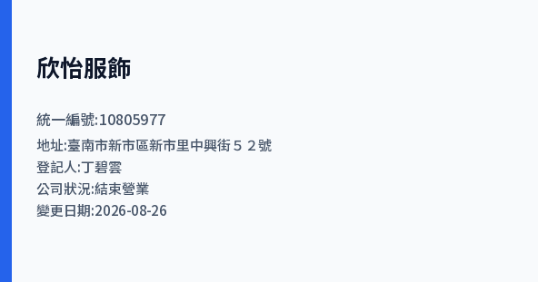 欣怡服飾的照片-統編 10805977(臺南市) 公司登記資料與營業項目詳細圖表
