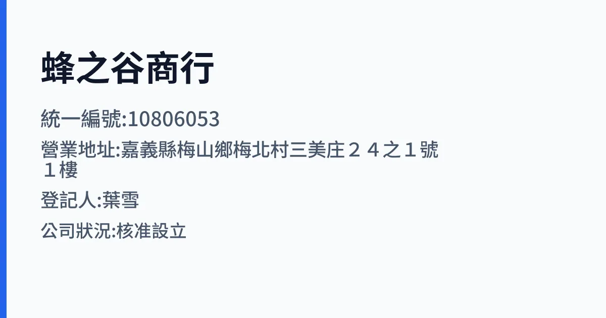 蜂之谷商行 - 統編 10806053(嘉義縣) 公司登記資料與營業項目詳細圖表