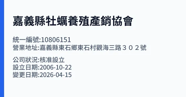 嘉義縣牡蠣養殖產銷協會的照片-統編 10806151(嘉義縣) 公司登記資料與營業項目詳細圖表
