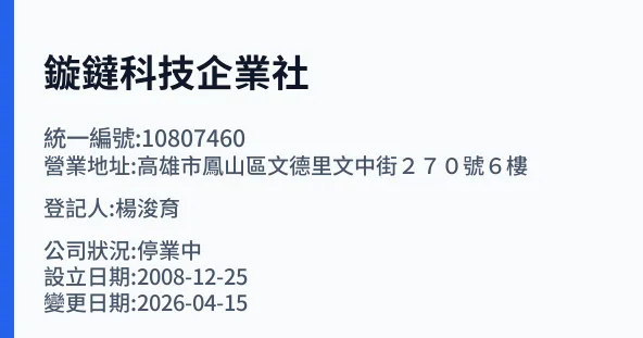 鏇鐽科技企業社的照片-統編 10807460(高雄市) 公司登記資料與營業項目詳細圖表