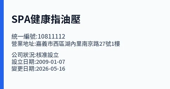 SPA健康指油壓的照片-統編 10811112(嘉義市) 公司登記資料與營業項目詳細圖表
