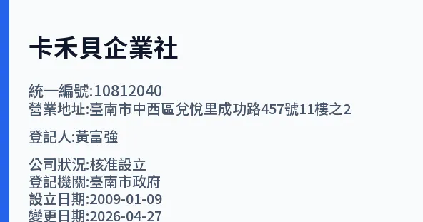 卡禾貝企業社的照片-統編 10812040(臺南市) 公司登記資料與營業項目詳細圖表