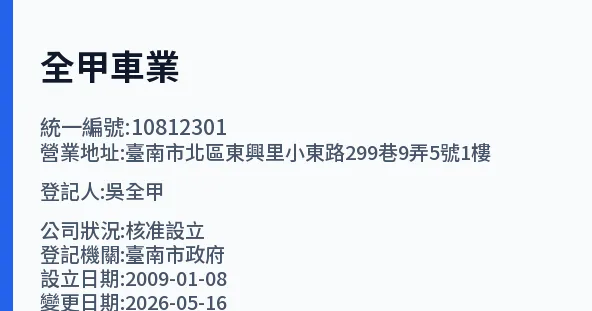 全甲車業的照片-統編 10812301(臺南市) 公司登記資料與營業項目詳細圖表