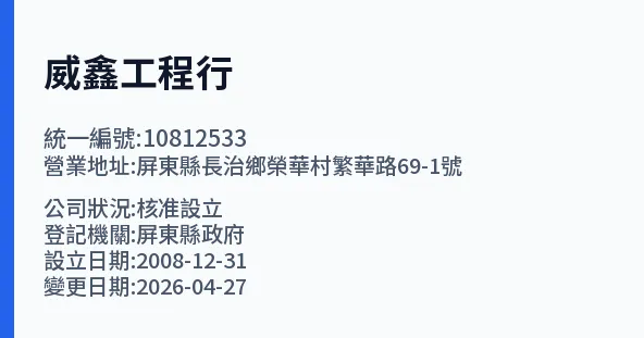 威鑫工程行的照片-統編 10812533(屏東縣) 公司登記資料與營業項目詳細圖表
