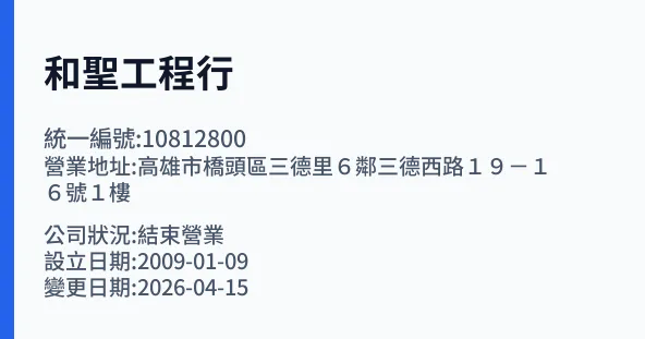 和聖工程行的照片-統編 10812800(高雄市) 公司登記資料與營業項目詳細圖表