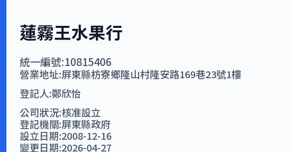 蓮霧王水果行的照片-統編 10815406(屏東縣) 公司登記資料與營業項目詳細圖表