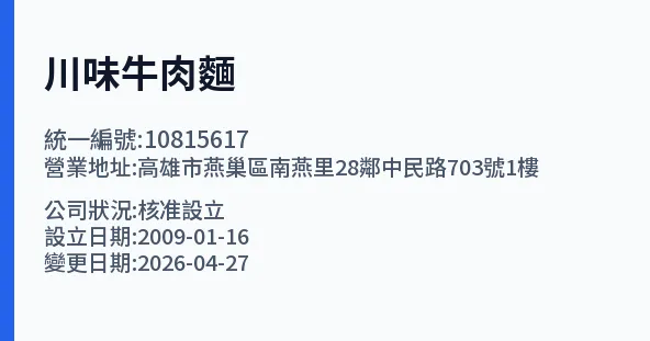 川味牛肉麵的照片-統編 10815617(高雄市) 公司登記資料與營業項目詳細圖表