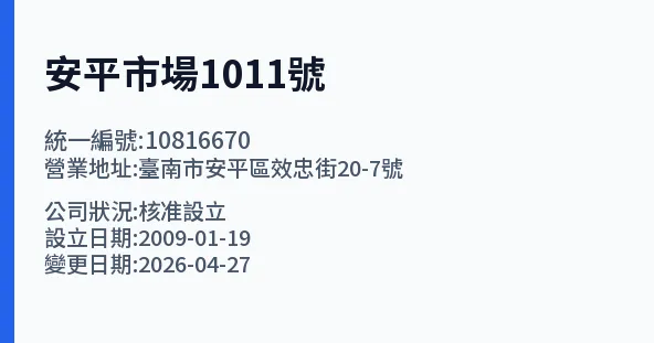 安平市場1011號的照片-統編 10816670(臺南市) 公司登記資料與營業項目詳細圖表
